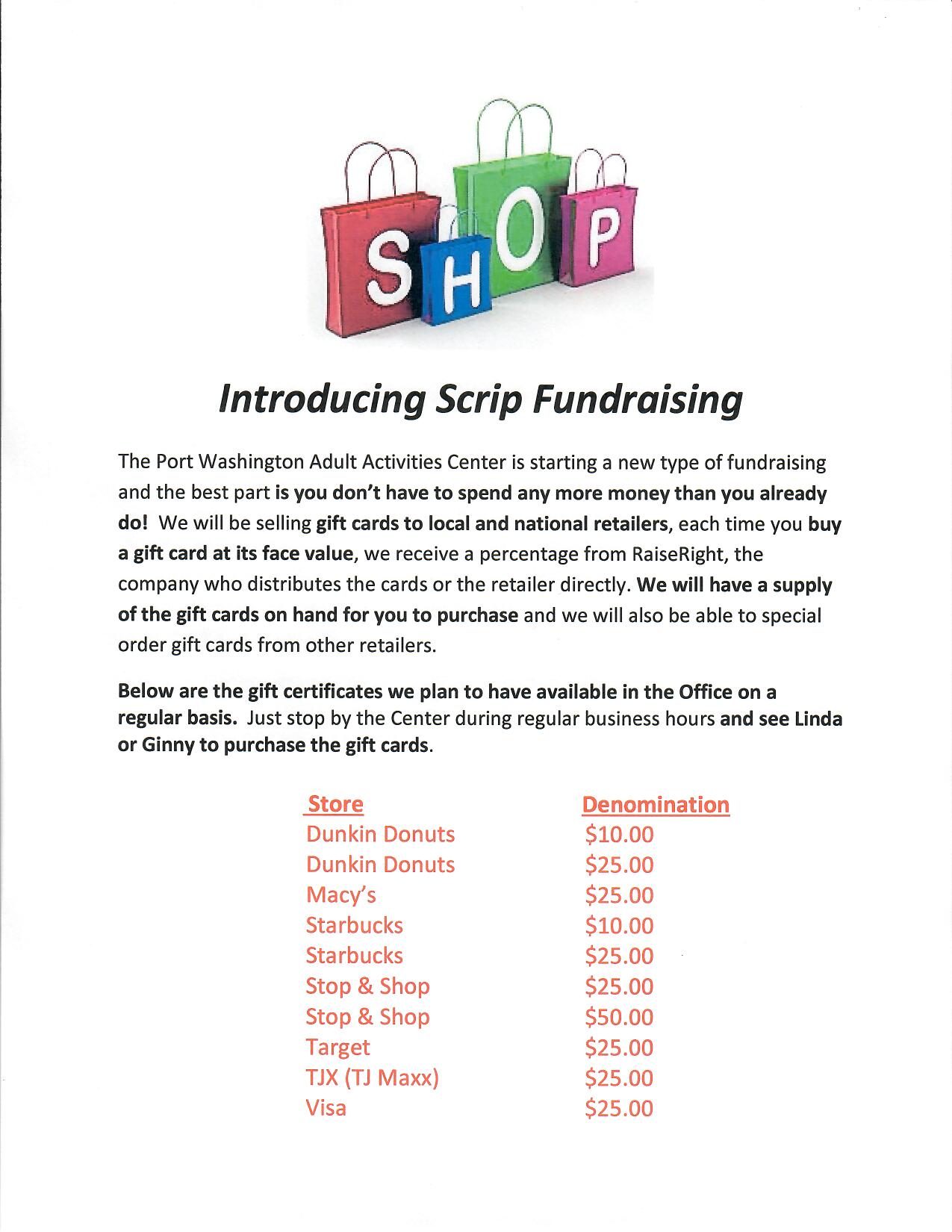 Scrip Fundraising – Port Washington Adult Activities Center